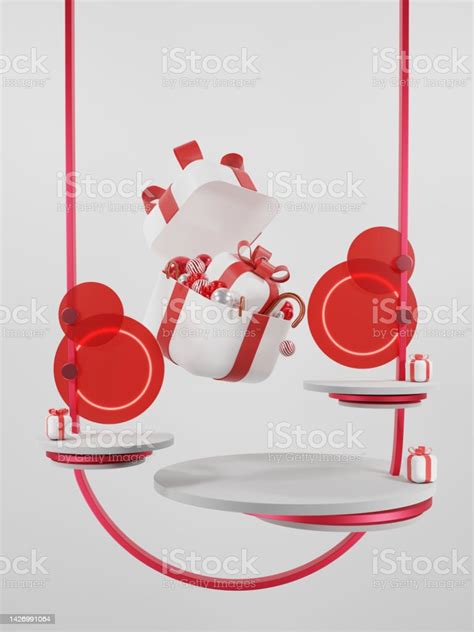 3d 렌더링 메리 새해와 메리 크리스마스 2023 빨간 활과 사탕과 장식 공과 골드 스타 연단 휴일 승진을위한 제품 표시 흰색 선물 상자 11월에 대한 스톡 사진 및 기타