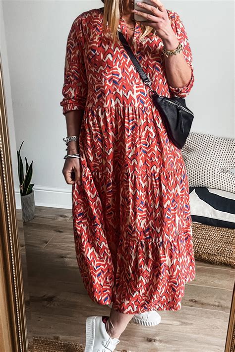 Red Plus Size Abstract Print Notch V Neck High Waist Maxi Dress Big