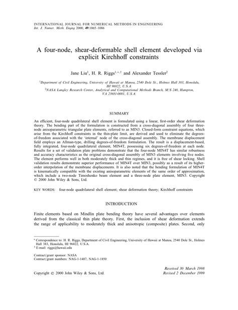 Pdf A Four Node Shear Deformable Shell Element Developed Via