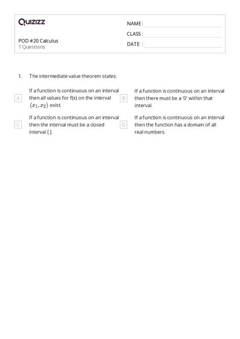 50 Intermediate Value Theorem Worksheets For 12th Year On Quizizz Free And Printable