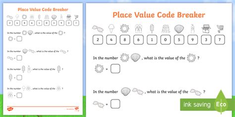 Summer Themed Place Value Code Breaker Worksheet