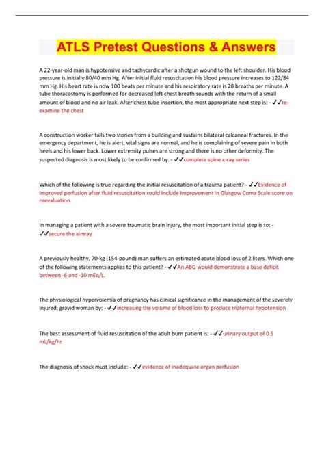 Atls Pretest Questions And Answers Latest Update 2024 Questions With 100 Correct Answers