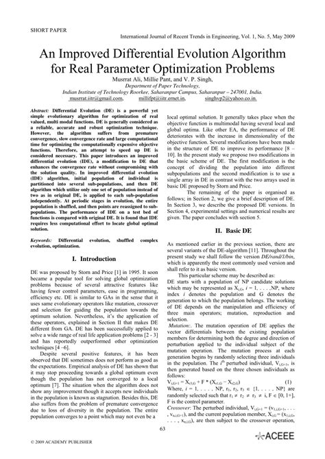 Pdf An Improved Differential Evolution Algorithm For Real Parameter