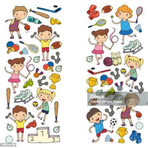 남자와 여자 재생 스포츠 일러스트 피트 니스 축구 축구 요가 테니스 농구 하 키 배구 6 7 살에 대한 스톡 벡터 아트 및 기타 이미지 Istock