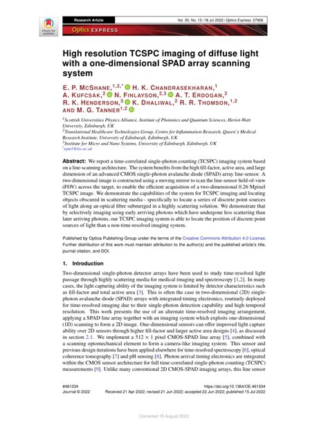 PDF High Resolution TCSPC Imaging Of Diffuse Light With A One Dimensional SPAD Array Scanning