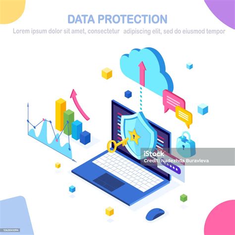 데이터 보호 인터넷 보안 암호로 개인 정보 보호 액세스 키 잠금 방패 그래프 차트와 3d 등산화 컴퓨터 Pc 배너용 벡터 디자인 3차원 형태에 대한 스톡 벡터 아트 및 기타