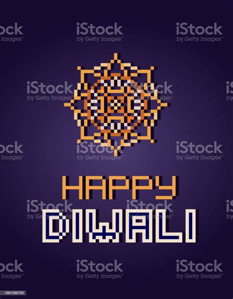 픽셀 아트 해피 디왈리 배너 어두운 보라색 배경에 8 비트 만다라 힌두교 휴일 인쇄 인도의 라이트 카드 축제 오래된 학교 복고풍 80 년대 90 년대 2d 컴퓨터 비디오