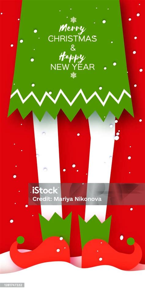 엘프와 메리 크리스마스 인사말 배너 귀여운 노움 의상 크리스마스 트리 종이 공예 스타일의 새해 복 많은 새해 빨간색 겨울 방학 12월에 대한 스톡 벡터 아트 및 기타 이미지