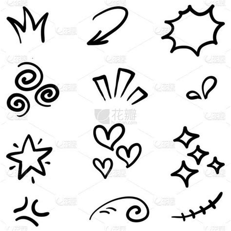 矢量一组手绘漫画表达符号涂鸦、曲线方向箭头、情感效果设计元素、卡通人物情感符号、可爱的装饰笔划线条