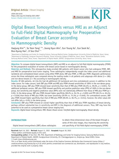 Pdf Digital Breast Tomosynthesis Versus Mri As An Adjunct To Full