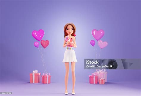 놀란 여자가 선물을 엽니다 발렌타인 데이 배너 3d 렌더링 여자는 전화로 선물 상자를 엽니 다 기프트 컨셉 인사말 카드 3차원 형태에 대한 스톡 사진 및 기타 이미지