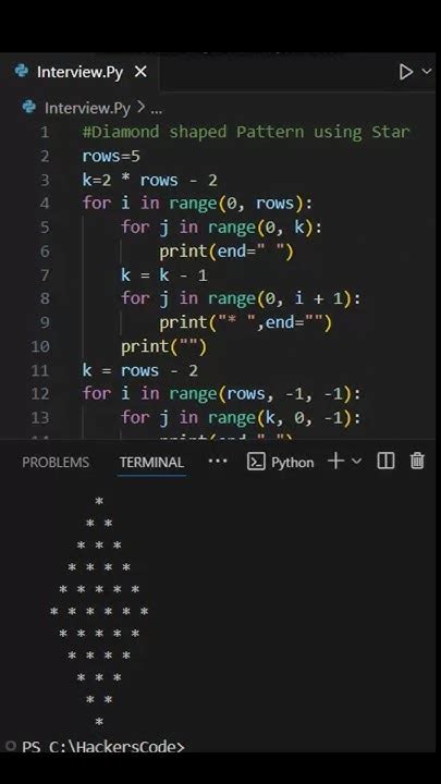 Python Pattern Design Diamon Shape Pattern Using Python Coding