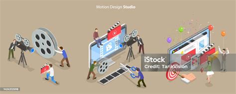 3d 아이소메트릭 플랫 벡터 모션 디자인 스튜디오의 개념적 일러스트 레이 션 영화에 대한 스톡 벡터 아트 및 기타 이미지 영화 3차원 형태 등측투영법 Istock