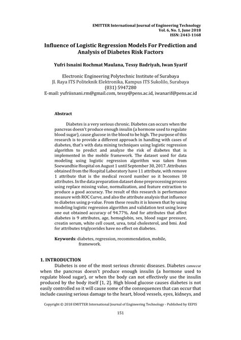 Pdf Influence Of Logistic Regression Models For Prediction And Analysis Of Diabetes Risk Factors