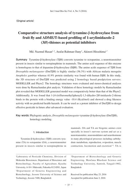 Pdf Comparative Structure Analysis Of Tyramine β Hydroxylase From Fruit Fly And Adme T Based