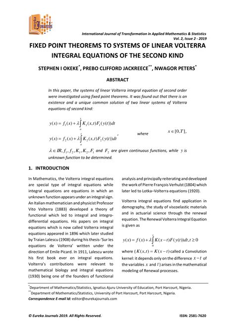 PDF FIXED POINT THEOREMS TO SYSTEMS OF LINEAR VOLTERRA INTEGRAL EQUATIONS OF THE SECOND KIND