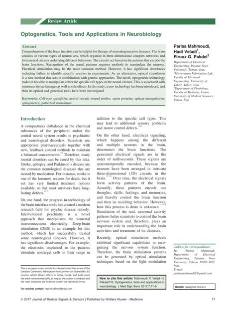 Optogenetics Tools And Applications In Neurobiology Pdf