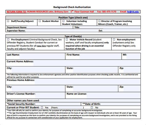 Employment Background Check Form Template