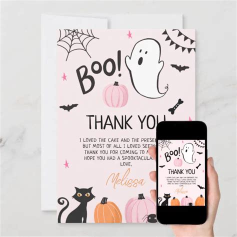 Girls Pink Boo Halloween Birthday Thank You Card Zazzle
