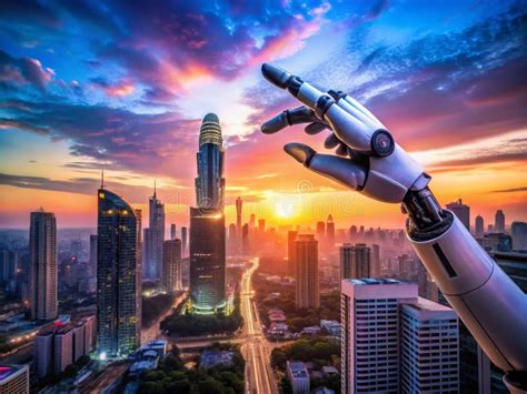 A Robotic Hand Reaches Toward A Neonlit Metropolis A Glimpse Into The Future Of Urban