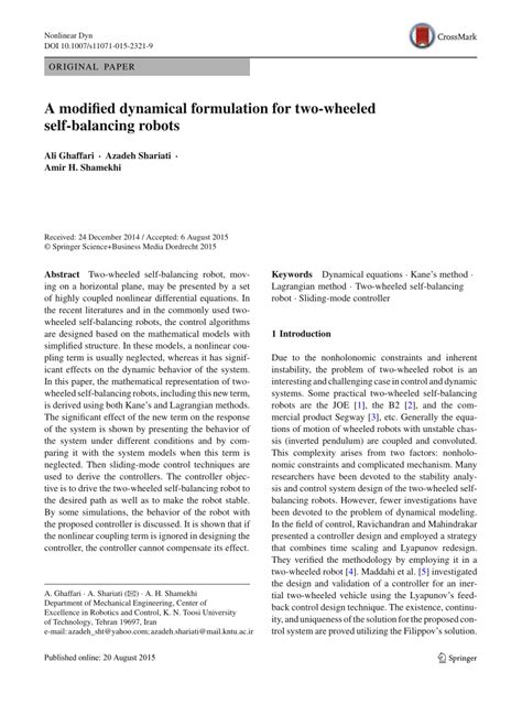 Pdf A Modified Dynamical Formulation For Two Wheeled Self Balancing Robots
