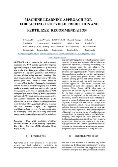 Pdf Machine Learning Approach For Forcasting Crop Yield Prediction And Fertilizer Recommendation