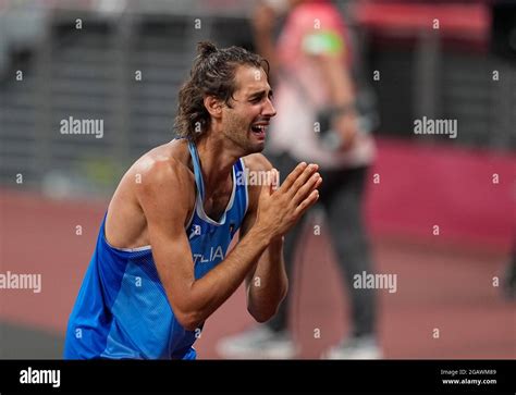 August 1 2021 Gianmarco Tamberi Celebrating His Gold Medal In High