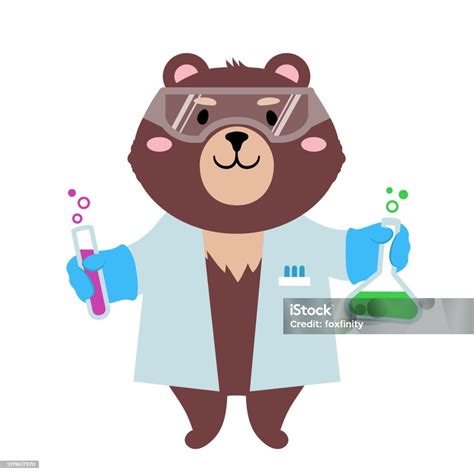 테스트 튜브와 실험실 코트에 귀여운 만화 테디 베어의 벡터 그림 보호안경 보호용 작업복에 대한 스톡 벡터 아트 및 기타 이미지