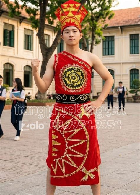 Âu Lạc Nhung đỏ Chéo Vai Tà Dài Trang Phục Bông Sen