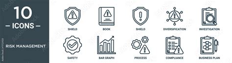 Risk Management Outline Icon Set Includes Thin Line Shield Book Shield Diversification