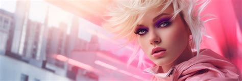 Premium Ai Image Blonde Girl In Pink Style With Cityscape Generative Ai