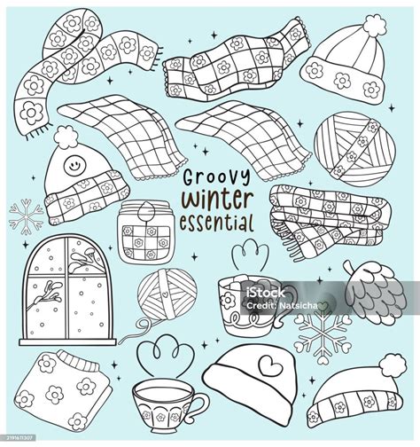 귀여운 그루비 복고풍 겨울 것들 필수 물건 색칠 이미지 일러스트 손 그려진 낙서 클립 아트 세트 강렬하고 밝은 색상에 대한 스톡 벡터 아트 및 기타 이미지 Istock
