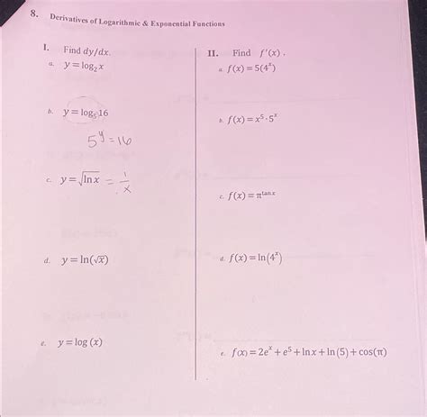 solved derivatives of logarithmic and exponential functionsi