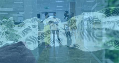 Diverse Team Collaborating In Office With Digital Wave Animation Overlay Stock Footage Video