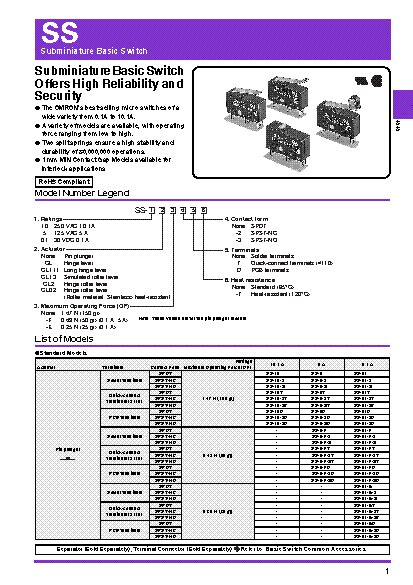 Ss 5glt 数据表 Microswitch Subminiature Lever Spdt Quick Connect