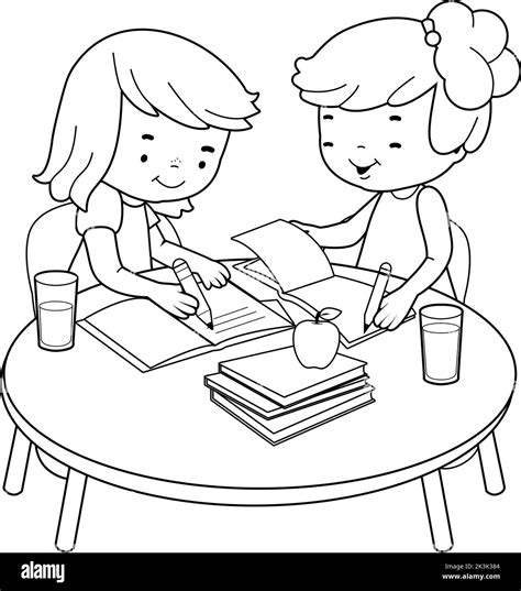 Babes At A Desk Doing Their Homework Vector Black And White Coloring Page Stock Vector Image