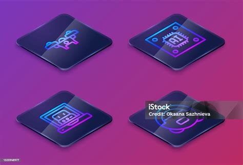 Isometric 라인 무인 항공기를 설정 로봇 만들기 마이크로 회로 Cpu와 로봇 진공 청소기 프로세서 파란색 정사각형 버튼