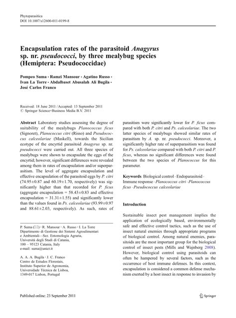 Pdf Encapsulation Rates Of The Parasitoid Anagyrus Sp Nr Pseudococci By Three Mealybug