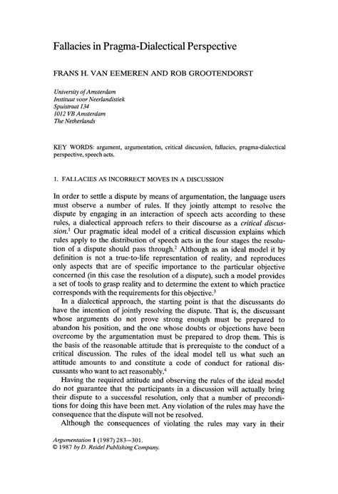 📖 Fallacies In Pragma Dialectical 1987 Fallacies In Pragma Dialectical Perspective Frans H