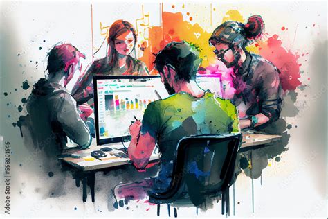 Coders Collaborating In Office Environments Huddled At Large Screens