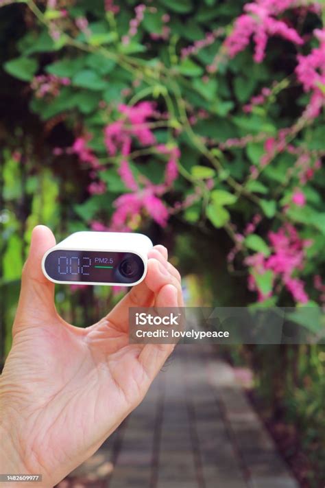 Closeup Tangan Memegang Sensor Polusi Udara Yang Mengukur Kualitas Udara Di Taman Foto Stok