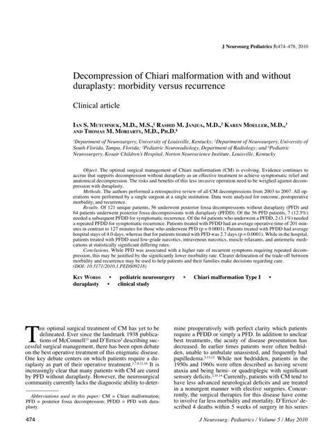 Pdf Decompression Of Chiari Malformation With And Without Duraplasty Morbidity Versus Recurrence