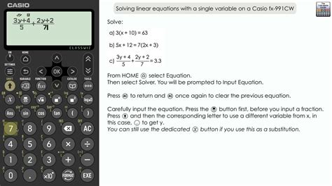 solving linear equations with a single variable on a casio fx 991cw fx