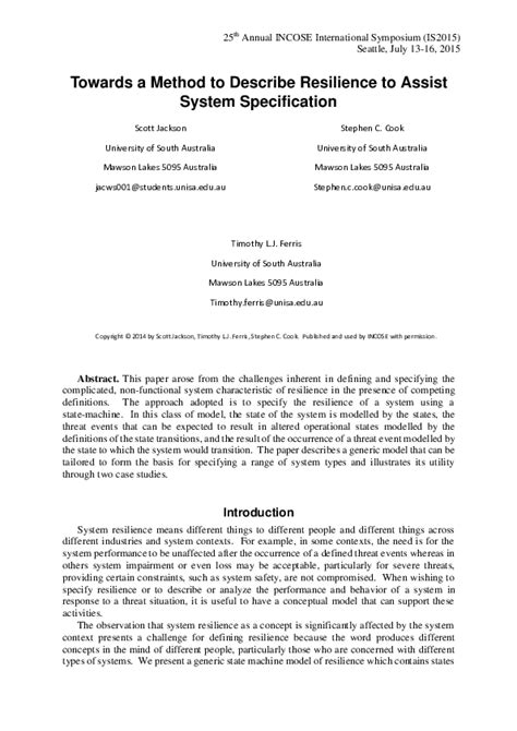 pdf towards a method to describe resilience to assist system