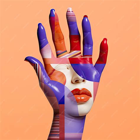 포스트모던 콜라주 기법의 패턴으로 된 여성의 손 프리미엄 사진