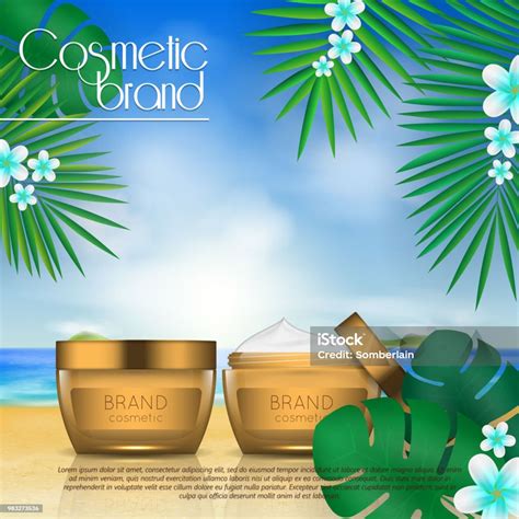 이국적인 야자수와 해변 배경에 여름 선크림 화장품 디자인 서식 파일 나뭇잎 3d 현실 태양 보호와 제품 광고입니다 3차원 형태에 대한 스톡 벡터 아트 및 기타 이미지