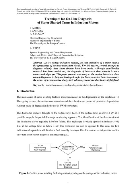 Pdf Techniques For Online Diagnosis Of Stator Shorted Turns In