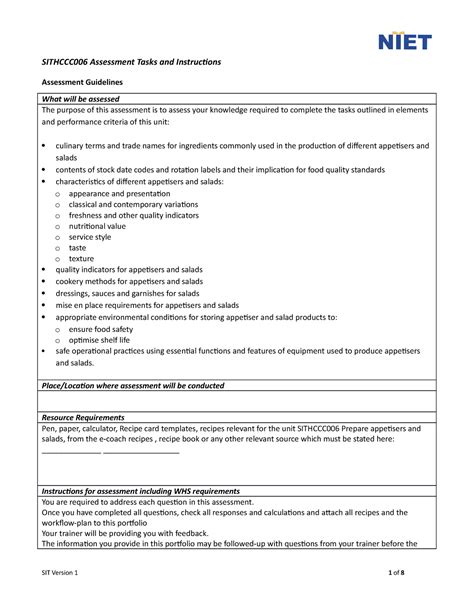Sithccc 006 Assessment 1 Portfolio Sithccc006 Assessment Tasks And Instructions Assessment