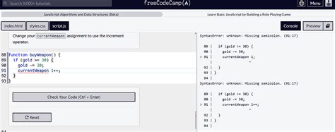 role playing game step 86 semi colon error javascript the