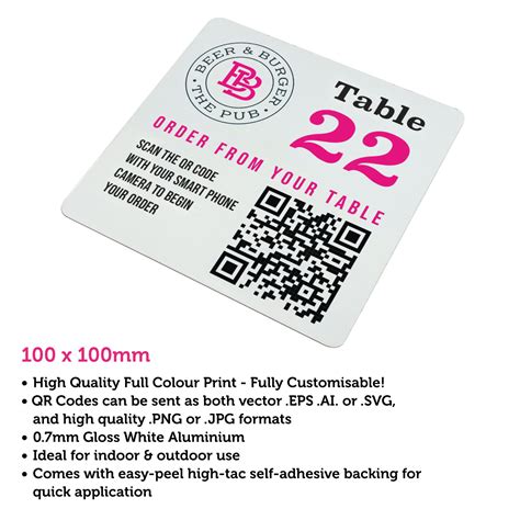 Full Colour Print QR Code Table Number 100 X 100mm